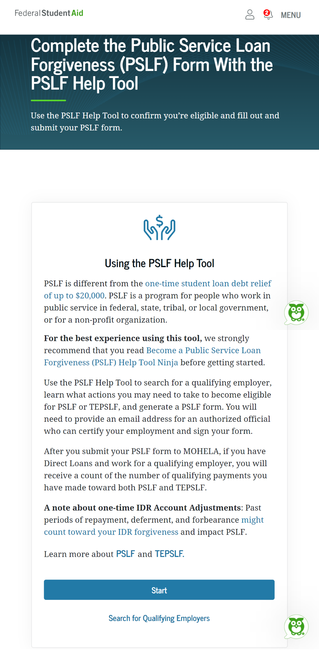 Image shows the Public Service Loan Forgiveness (PSLF) Help Tool, which is available on ...